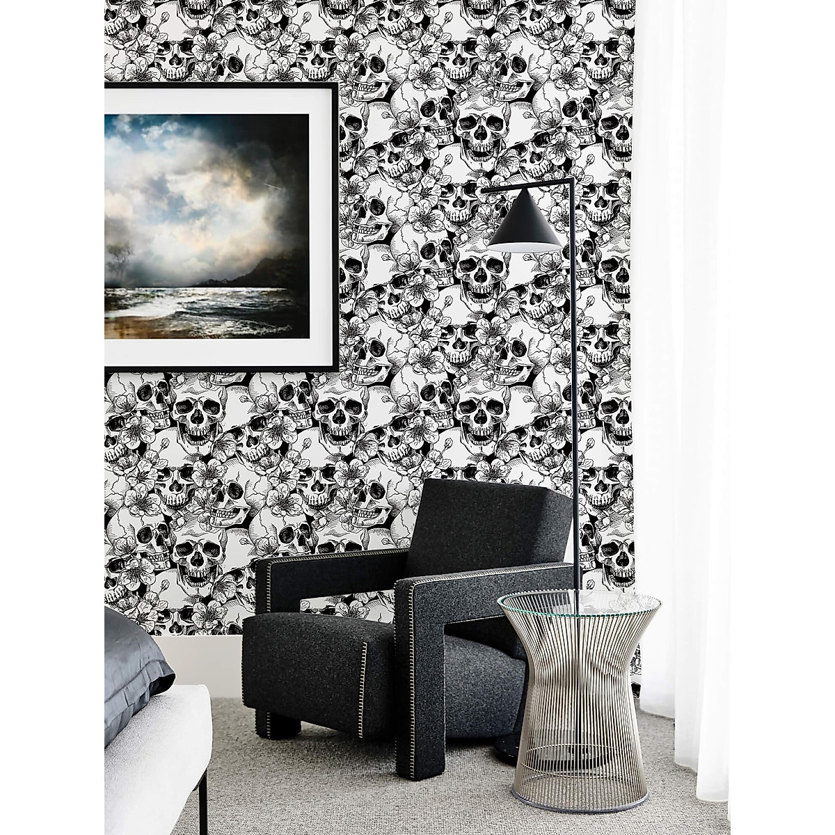 HAOKHOME Gothic Peel and Stick Wallpaper Sugar Skull Floral for Bedroom Black/White Removable Accent Wall Decorations 17.7in x 9.8ft