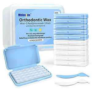 Braces Wax - 10 Pack (50 Precut Orthowax Strips). Flavorless & Mint. Separate Cases, a Storage Box & 2 Applicator Tools - Food-Grade Premium Wax for Braces Wearer- Stick Better(w/Aloe Vera+Vitamin E)