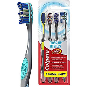 Colgate 360 Advanced Floss Tip Toothbrush, Soft Toothbrush for Adults, 4 Pack