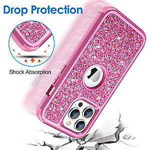 Hython Case for iPhone 13 Pro Max Case Glitter, Cute Shiny Bling Sparkle Cover, Heavy Duty 3 in 1 Hybrid Hard PC Soft TPU Bumper Full Body Shockproof Protective Phone Cases for Women Girls, Rose Red