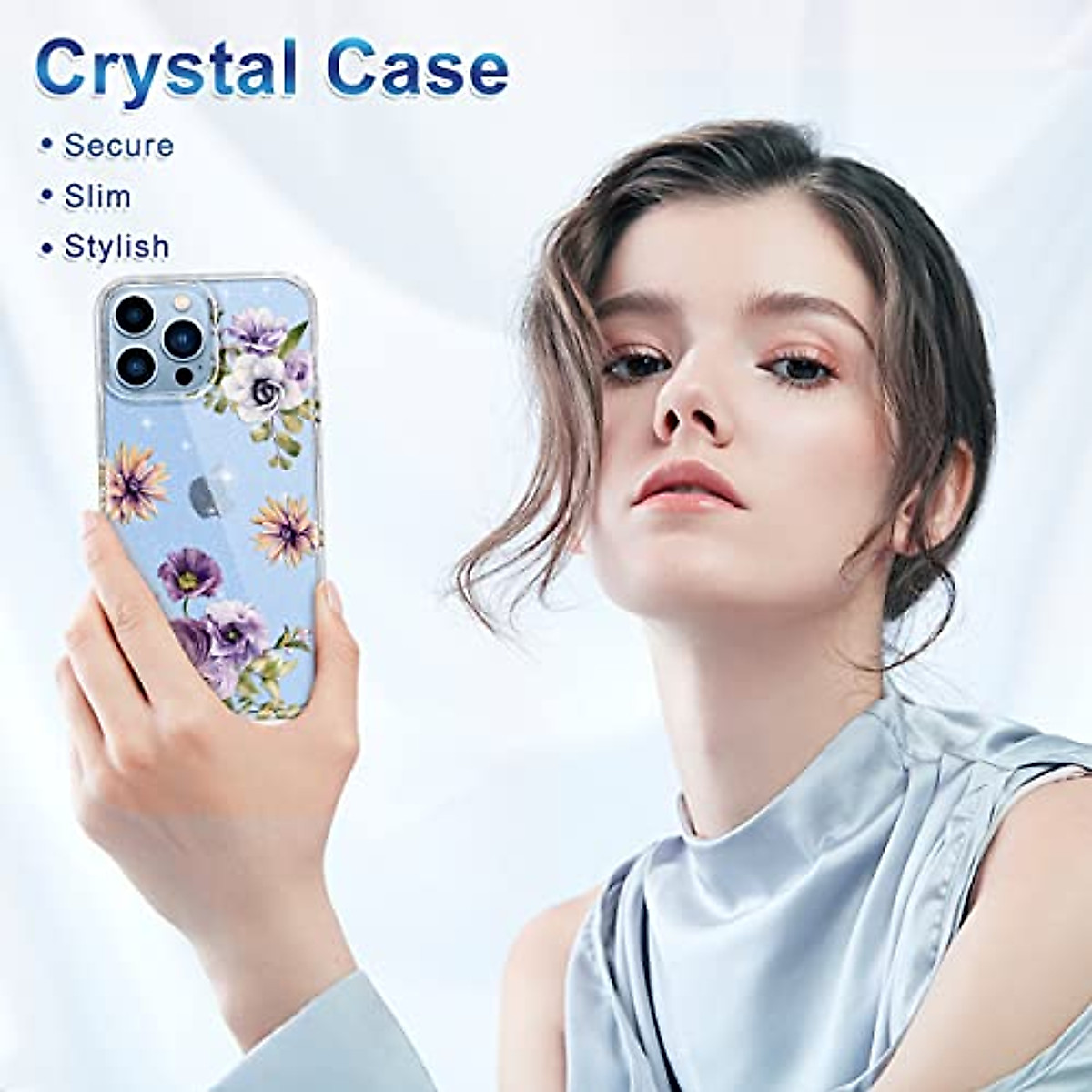Lamcase iPhone 13 Pro Max Floral Case - 2 Screen + 2 Camera Protectors, Clear Bling Sparkly Hard PC, Slim, Drop & Shockproof