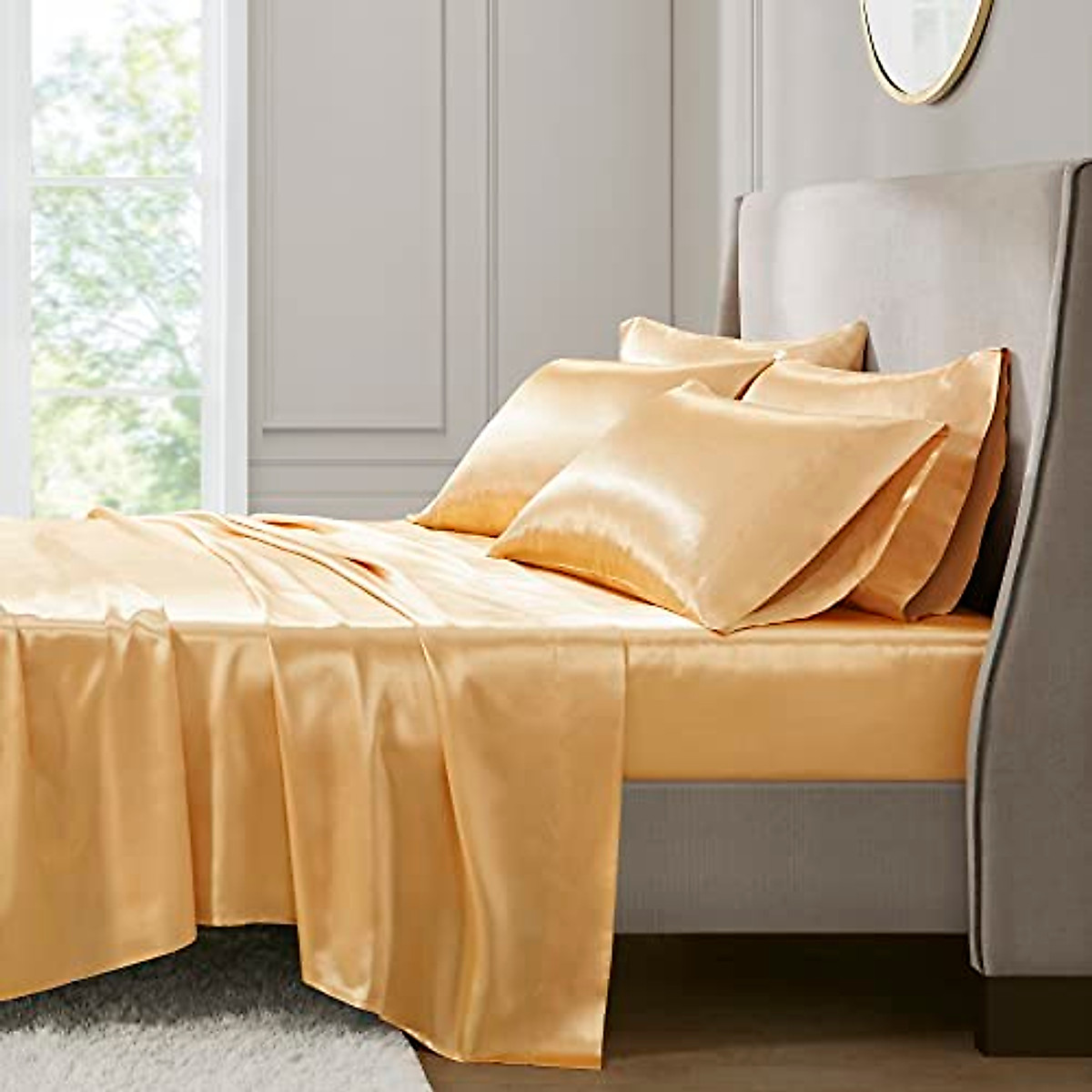 Madison Park Essentials Satin Sheets Queen Size, Luxurious Silky Satin Bed Sheets, Elastic 14" Pocket fits up to 16" Mattress, Wrinkle-Free, Soft Satin Bed Sheet Set, Gold 6 Piece