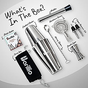 Boston Shaker Cocktail Shaker Set | Professional Bartender Kit with Weighted Martini Mixer, Hawthorne Strainer, Jigger, Mojito Muddler, Mixing Spoon & 2 Liquor Pourers……