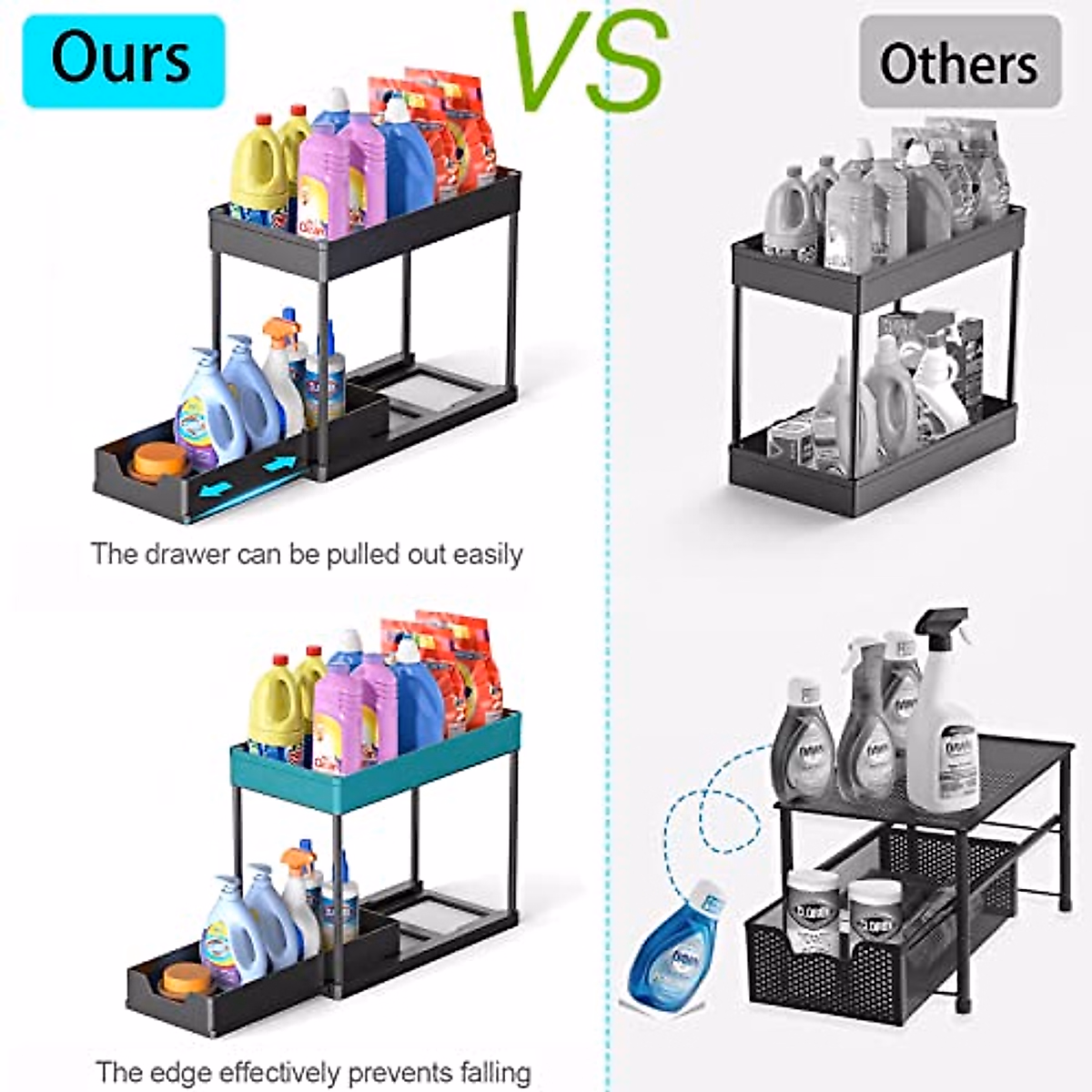 DBDEIW Under Sink Pull Out Home Organizers and Storage,2 Tier Under Cabinet Organizer with Sliding Basket Drawer,Under-Sink Organizers with Hooks & Hanging Cups for Bathroom/Kitchen,Black