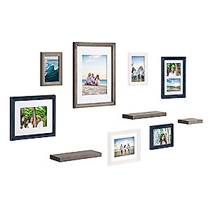 Kate and Laurel Bordeaux Gallery Wall Frame and Shelf Kit, Set of 10, Multiple Coastal Finishes, Assorted Size Frames and Three Display Shelves