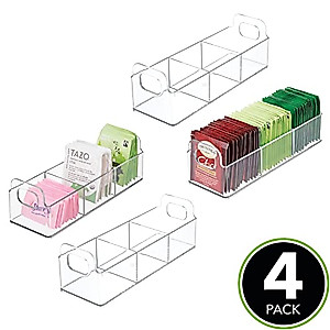 mDesign Plastic Condiment Organizer and Tea Bag Holder - 9" Long Kitchen Pantry/Countertop Storage Caddy - Divided Chip, Snack, Granola, Oatmeal Packet Holder - Lumiere Collection - 4 Pack - Clear