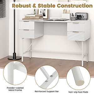 Giantex Modern Desk with 4 Drawers, 48 Inch Computer Desk with Storage, Heavy-Duty Gold Metal Frame, Makeup Vanity Dressing Table, White and Gold Desk for Bedroom Study Home Office