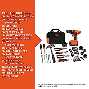 BLACK+DECKER 20V Max Drill & Home Tool Kit, 68 Piece (LDX120PK)