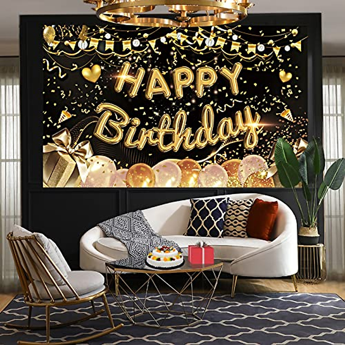 Homelove Birthday Banner,(71 x 43 Inch) Large Happy Birthday Backdrop Banner, Black Gold Balloon Photography Background Party Decorations for Party Favor Supplies Birthday Celebration