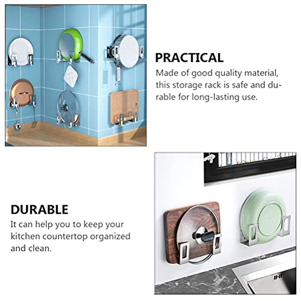 DOITOOL Shelving Brackets 4Pcs Free Punch Pot Lid Holder Storage Organizer Rack Stainless Steel Kitchen Wall Mounted Storage Rack for Pot Cover Chopping Board Wall Hung Clothes Drying Rack