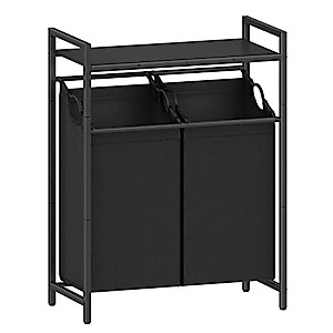 LAATOOREE Double Laundry Hamper with Top Shelf, Two-Color Tall Laundry Basket with 2 Removable Laundry Sorter Bags, Clothes Hamper for Laundry Room, Bedroom - Black Walnut and Black