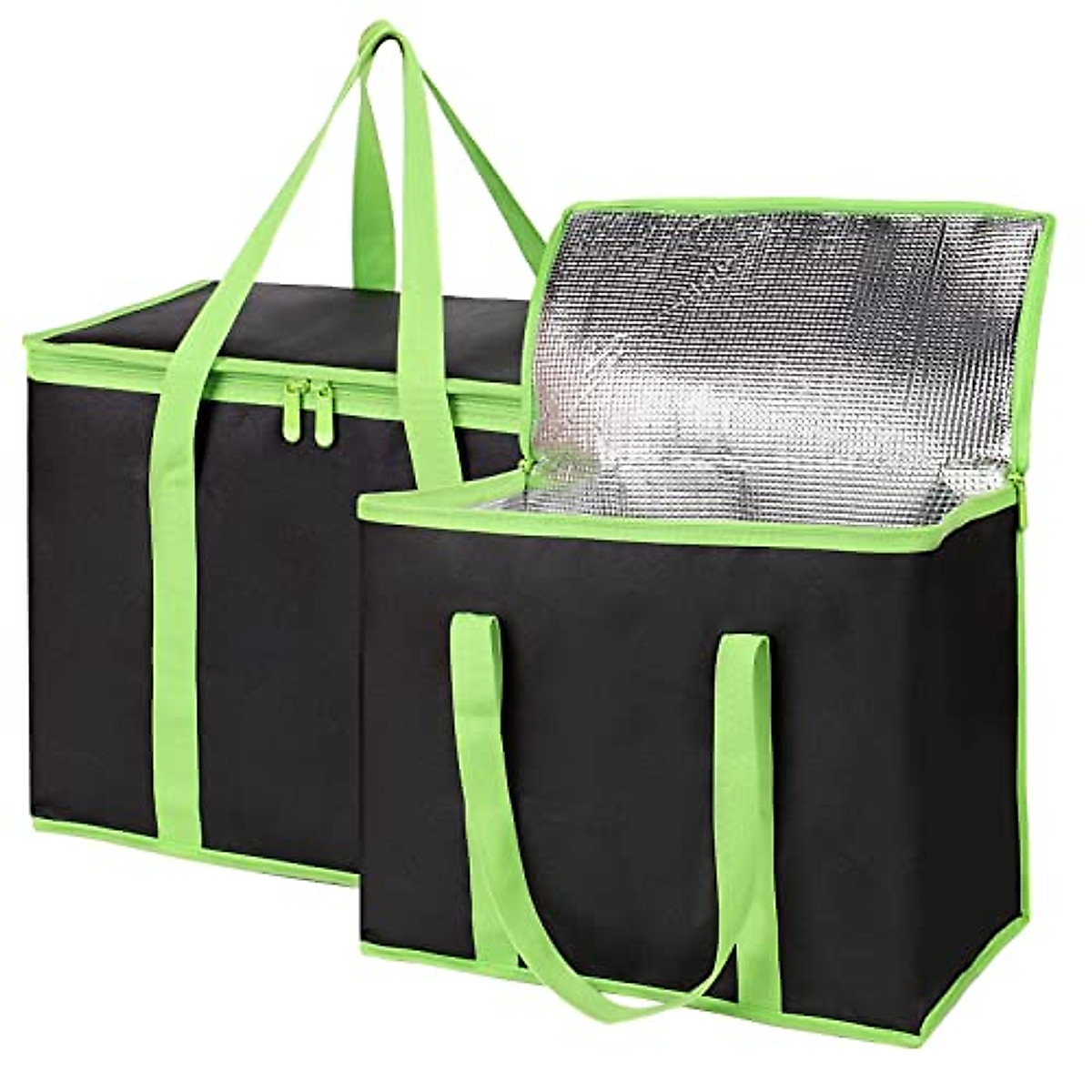 Bodaon 4-Pack Insulated Pizza Delivery Bags, X-Large Reusable Grocery Shopping Bags, Black with Green Edge