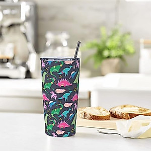 20oz Tumbler Hand Drawn Cute Dinosaur Double Wall Vacuum Insulated Coffee Mug with Lid and Metal Straw Brush Reusable Stainless Steel Water Bottle Travel Cup Gifts for Car Ice Drinks Hot Beverage