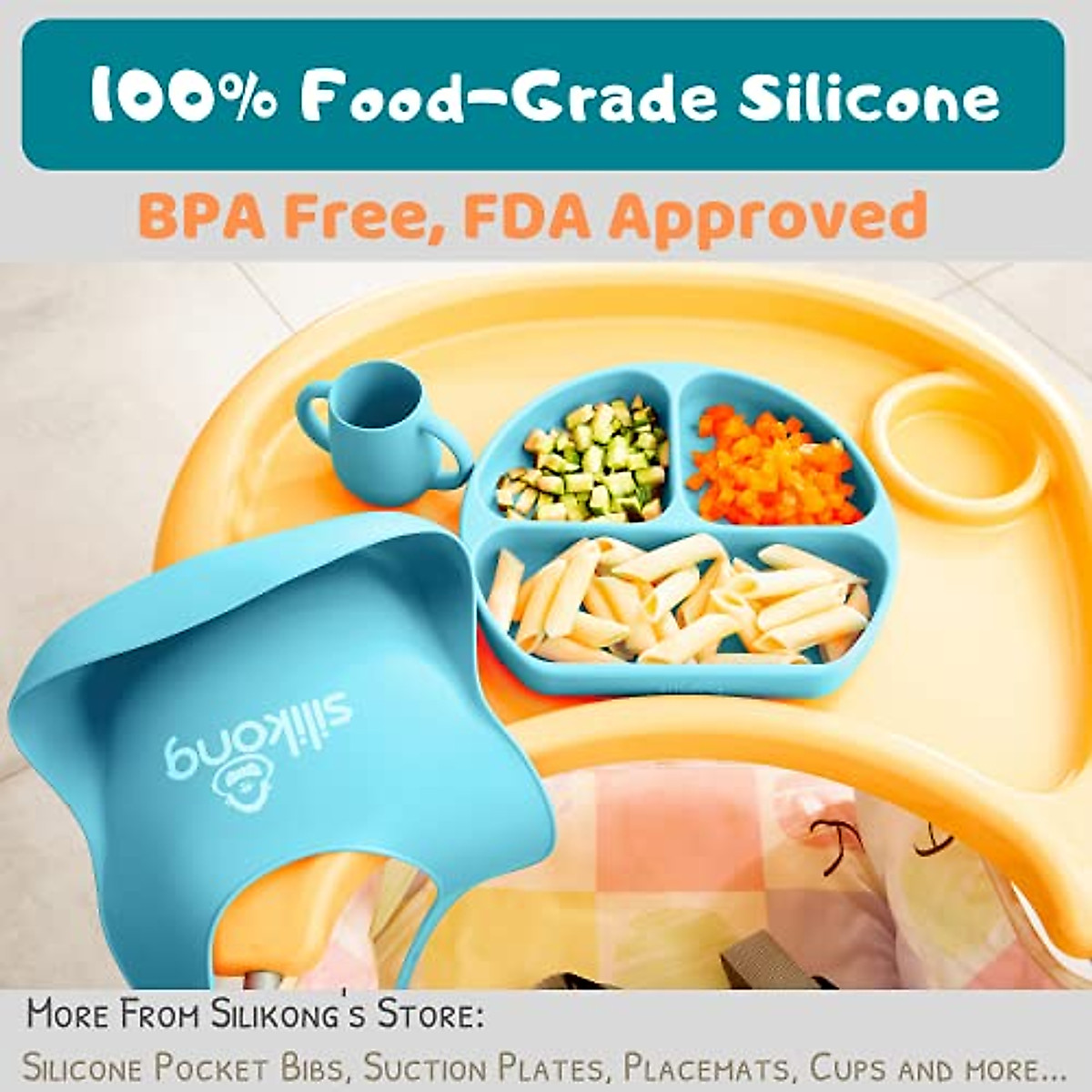Silicone Baby Feeding Set | Suction Plate for Toddlers + Pocket Bib + Bendable Spoon | BPA Free | Dishwasher, Microwave and Oven Safe (Blue)