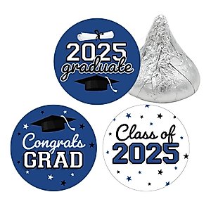Graduation Party Stickers for Kisses Candy, Chocolate Drops, Grad Party Favors - 180 Count (Blue 2025)