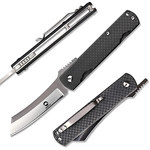 NEWOOTZ Handmade Higonokami Razor Folding Pocket Knife with Clip and Sheath,3in D2 Steel Blade,Carbon Fiber Liner Lock Handle EDC Knives for Men