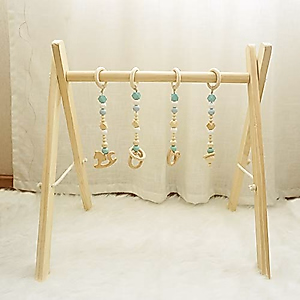 Cynzia Baby Play Gym, Wooden Baby Gym with 4 Infant Toys, Foldable Wood Gyms Frame Hanging Bar for Toddler, Newborn, Baby Girls and Boys Shower Gift Play Toys