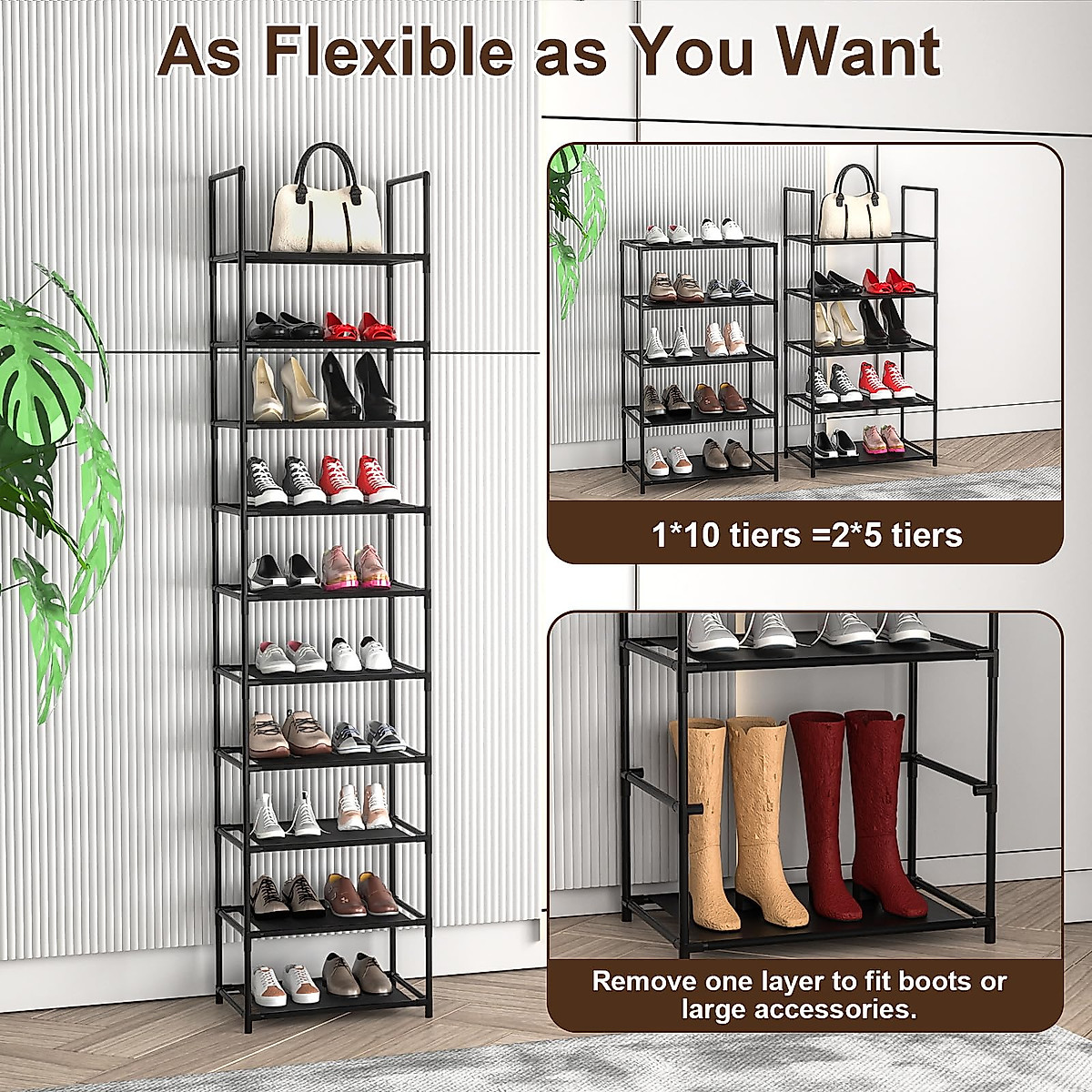 KKEETUR 10 Tier Shoe Rack, Tall Narrow Shoes Rack Storage Organizer 20-25 Pairs Boots Space Saving, Stackable Sturdy Metal Shoe Shelf for Closet, Entryway, Garage, Black