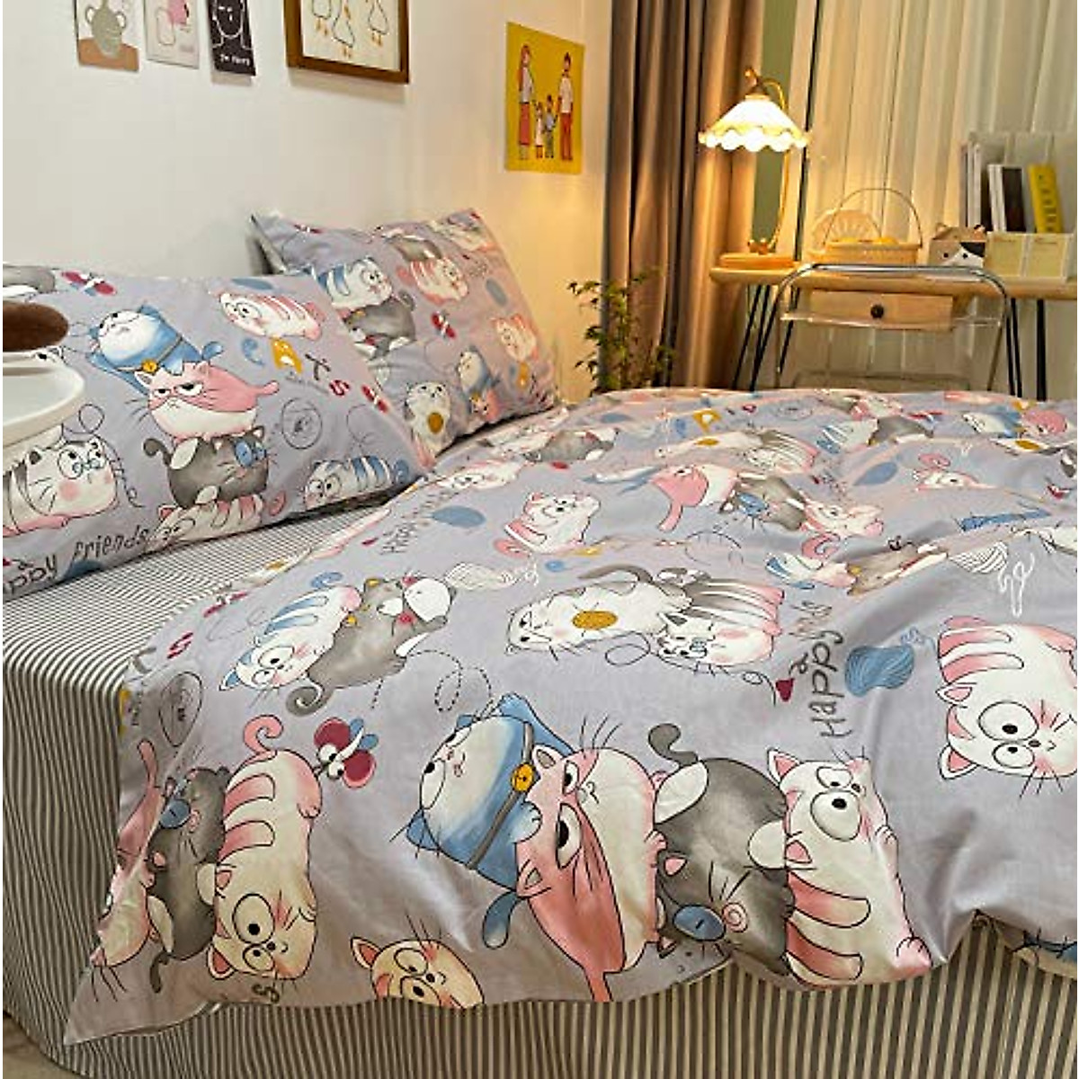 Animal Print Duvet Cover, 3 Pieces 100% Cotton Cat Bedding Set, Pink Gray Blue Cartoon Lovely Cat Pet Pattern Duvet Cover, with Zipper Ties, Luxury Ultra Soft Extremely Durable (Cat, Queen)