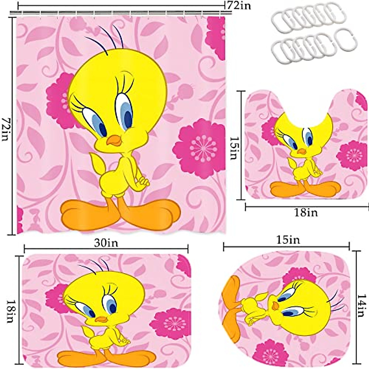 4PCS Anime Shower Curtain Set Accessories with Kawaii Bird Shower Curtains Non-Slip Rugs for Women,Toilet Lid Cover and Bath Mat 12 Hooks,Funny Cartoon Bathroom Decor,Gifts for Boys Girls 72 x 72 inch