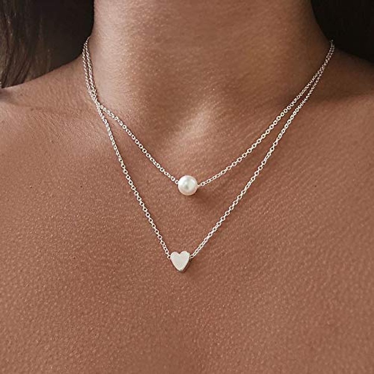 Artmiss Initial Heart Layered Pearl Pendant Necklace Silver Women Double Chain for Women