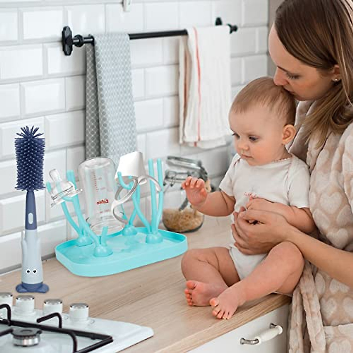 Baby Bottle Drying Rack with Bottle Brush Set, Removable Baby Bottle Holder Baby Bottle Rack Dryer and Baby Bottle Brush Cleaner Nipple Cleaner for Baby Accessories Cleaning Drying Bottle Cup (Blue)