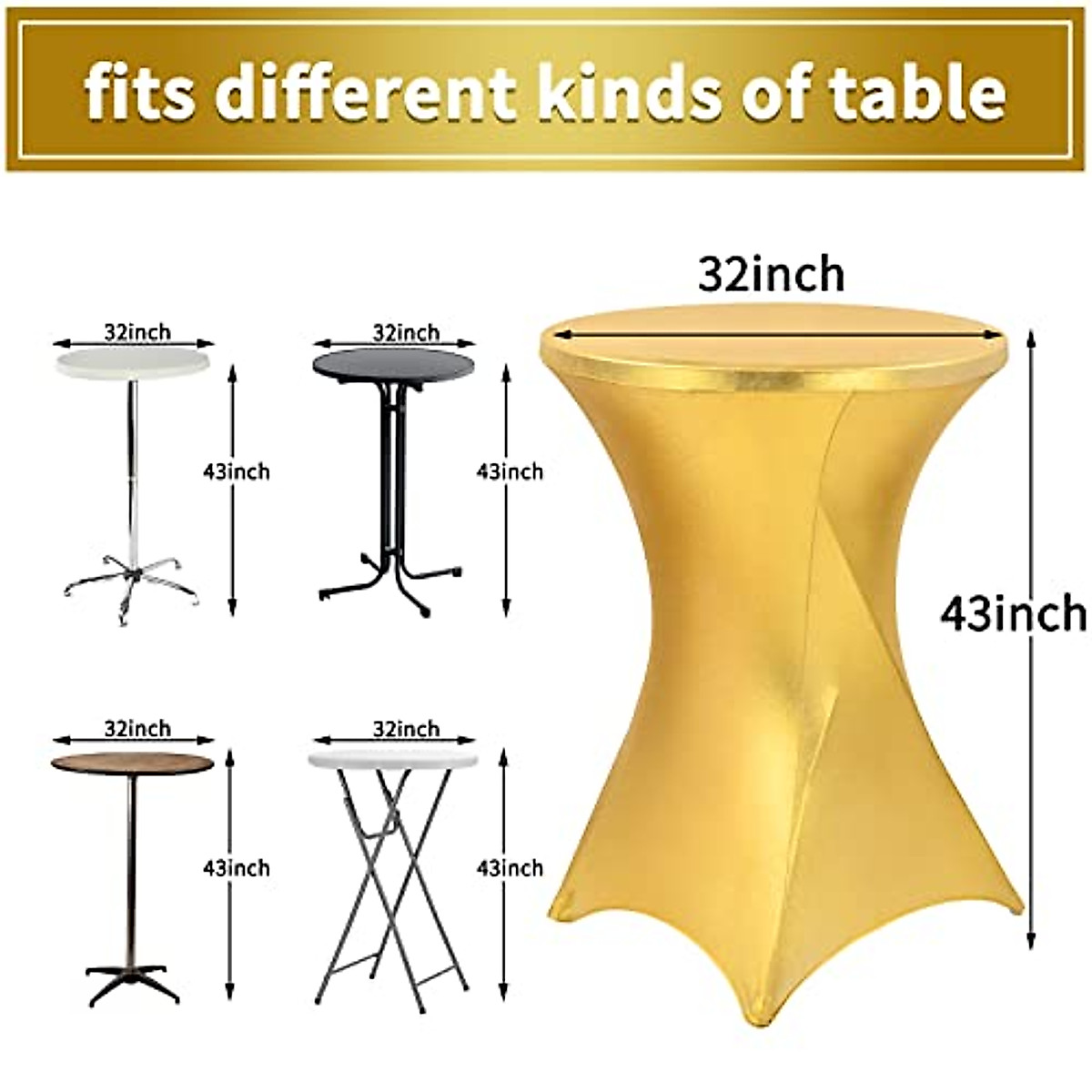 4 Pack Cocktail Spandex Stretch Square Corners Tablecloth, 32"x43" Metallic Gold Spandex Cocktail Table Cover, Fitted High Top Round Table Cloth for Wedding Bar Party Events Home Decor Supplies
