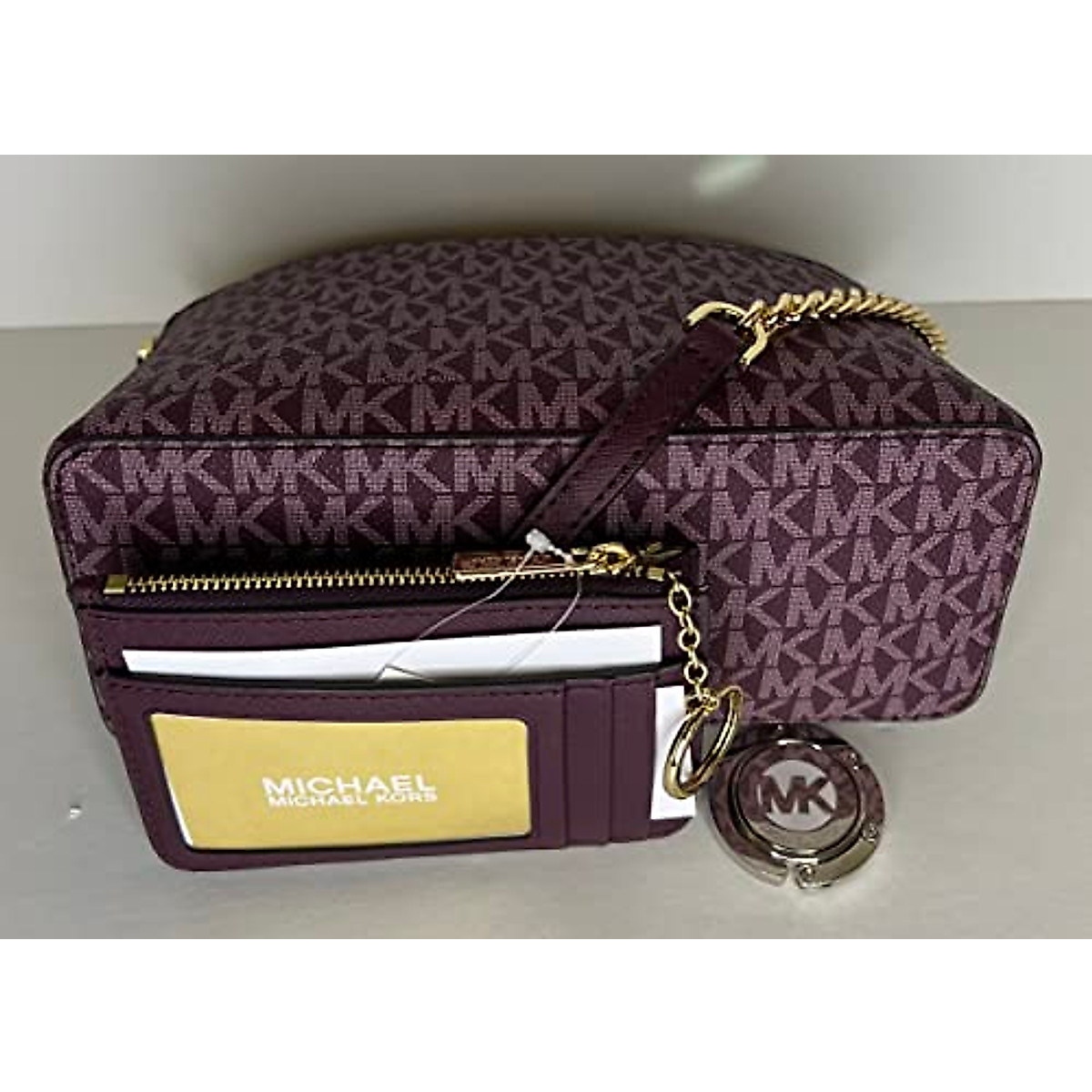 Michael Kors Jet Set Travel MD Dome XCross Crossbody bundled with SM TZ Coinpouch Purse Hook (Signature MK Bordeaux/Bordeaux)