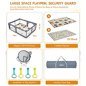 Baby Playpen with Mat, Large Baby Play Yard for Toddler, BPA-Free, Non-Toxic, Safe No Gaps Playards for Babies, Indoor & Outdoor Extra Large Kids Activity Center 79"x59"x26.5" with 0.4" Playmat