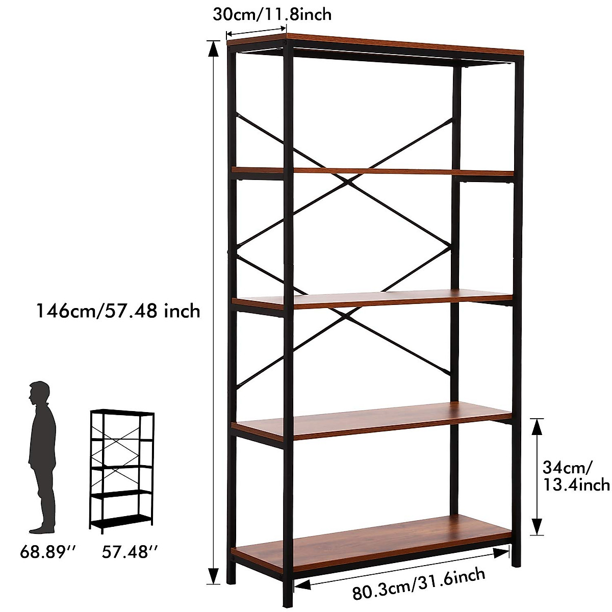 4 Shelf Bookcase, Bookshelf Industrial Style Metal and Wood Bookshelves, Open Wide Home Office Book Shelf