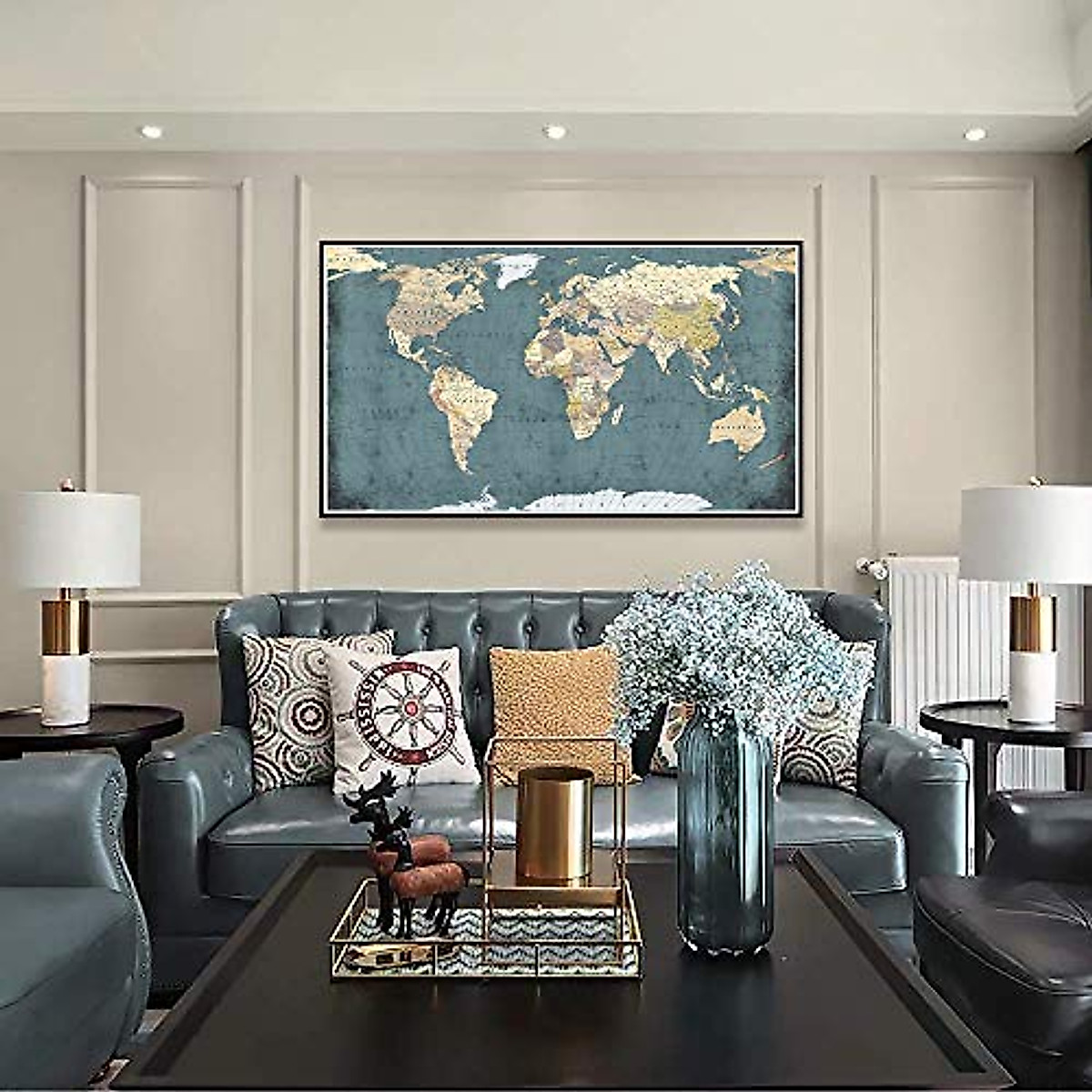 Welmeco Large Office Wall Decoration Retro Detailed World Map Canvas Prints with Premium Black Frame Vintage Push Pins Travel Map of The World Picture Artwork for Modern Home Office Living Room Decor