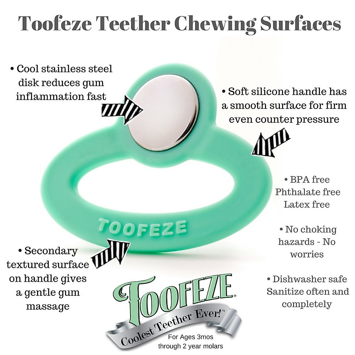 Toofeze Ice Cold Baby Teether Toy – Fast Pain Relief – All Natural Silicone and Stainless – Ages 3 mos+ (Mint Green)