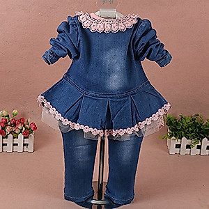 Yao 6M-4Y Infant 3Pcs Baby Girls Clothes Set Toddler Outfits Lace Dress Jacket and Jeans (3-4Y,Flower-Pink)