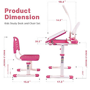 Napfox Desk for Kids Desk and Chair Set Kids Art Desk Drafting Table Desk Set with Adjustable Height, 40-Degree Tiltable Children Desktop, LED Light,Bookstand,Pink