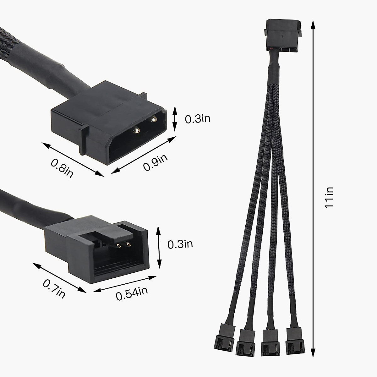 Molex to 3Pin/4Pin Fan Adapter, 12V PC Fan Adapter 4Pin Molex to 4 PWM Splitter Sleeved Braided Cable UIInosoo for 3 Pin or 4 Pin Computer PC Case Fan Power Supply 11 inch