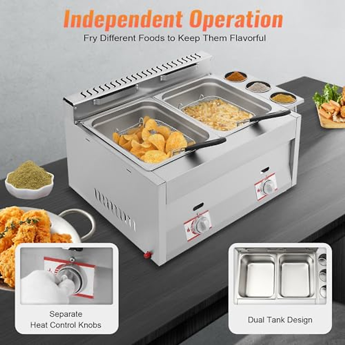 Deep Fryer Electric Deep Fat Fryers with 2 Baskets Commercial Countertop LPG Gas Fryer with Lid Stainless Steel 6L*2 Deep Fryer for French Fries Turkey Donuts Restaurant Home Kitchen