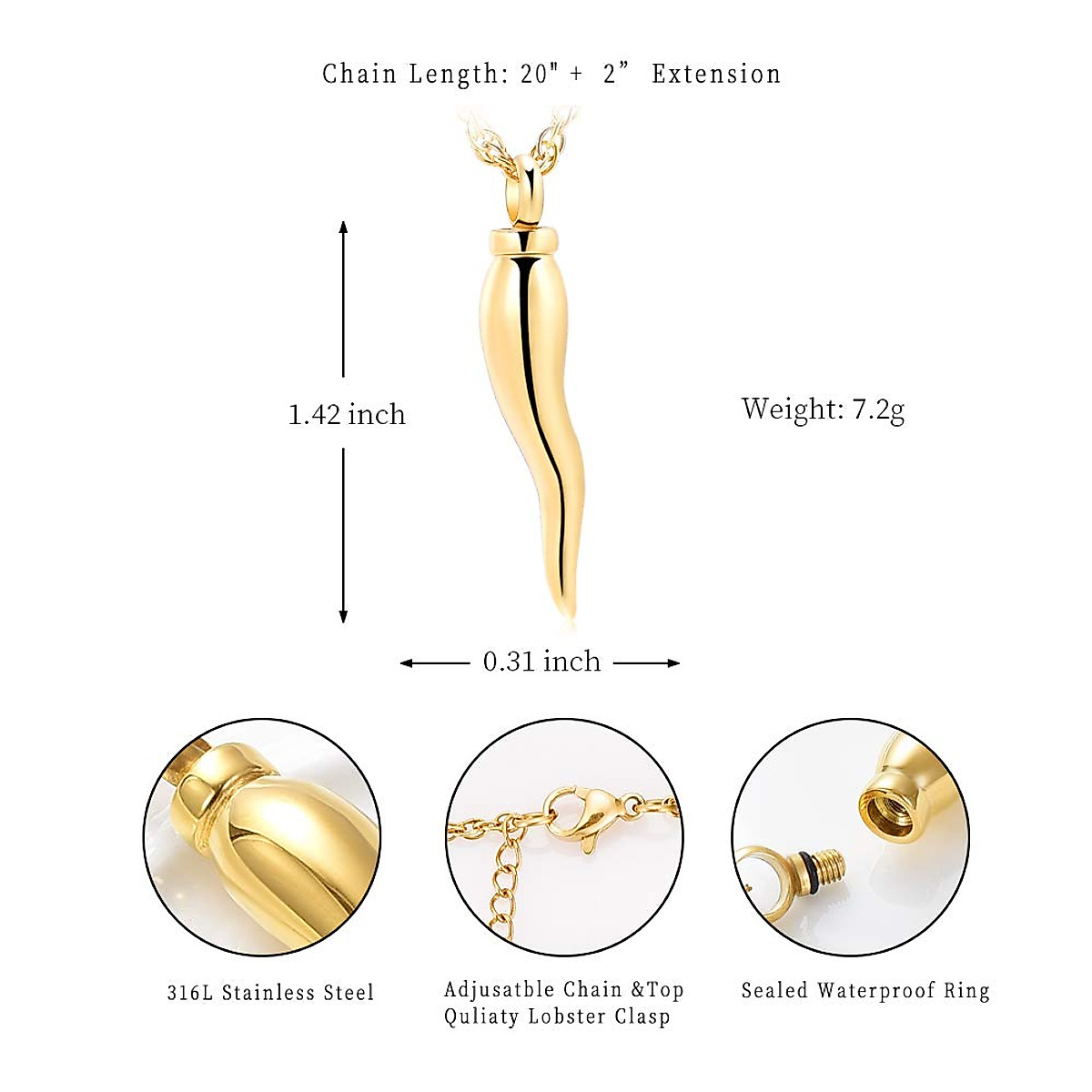 Cremation Jewelry Italian Horn Urn Necklaces for Ashes for Women Men Memorial Keepsake Necklace for Human Pet Ashes (Gold)