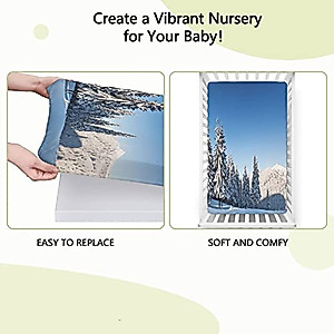 Snow Mountain Themed Fitted Crib Sheet,Standard Crib Mattress Fitted Sheet Soft Toddler Mattress Sheet Fitted-Crib Mattress Sheet or Toddler Bed Sheet,28“ x52“,Sea Blue and Multicolor