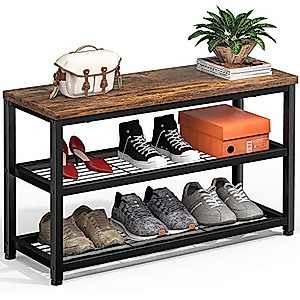 Homfio Shoe Rack, 3 Tier Shoe Rack Bench, Industrial Shoe Storage Organizer, Entry Bench, 3-Tier Metal Shoe Rack Shelves with MDF Top Board, Entryway Table for Hallway, Living Room, Closet, Bedroom