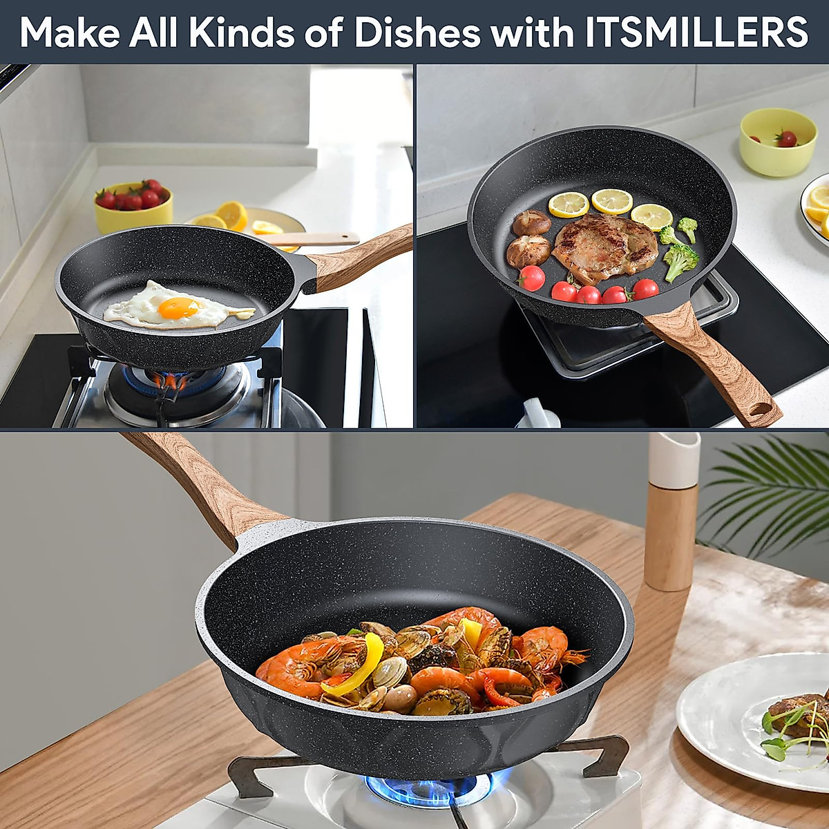 ITSMILLERS Non-stick 3 Pcs Die-cast Deep Frying Pan Set Skillet Set Egg Omelette Pan, Induction Bottom with Silicone Spatula, PFOA Free