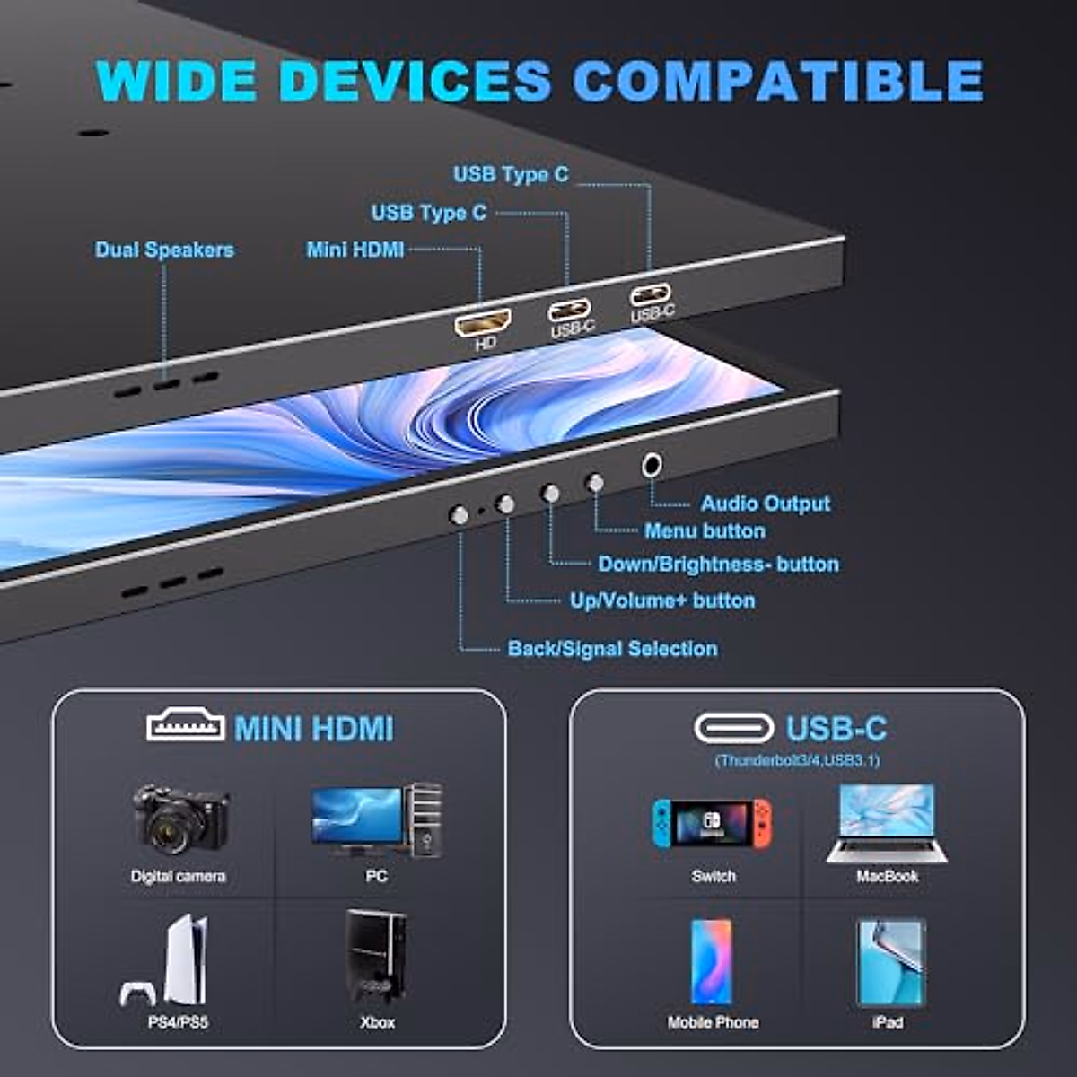 COOLHOOD 18.5" Portable Monitor, FHD IPS 1080P Laptop Monitor USB C HDMI Gaming Ultra-Slim Screen w/Invisible Stand & Speaker,Plug&Play, External Monitor for Laptop PC Mac Xbox PS5/PS4 Switch