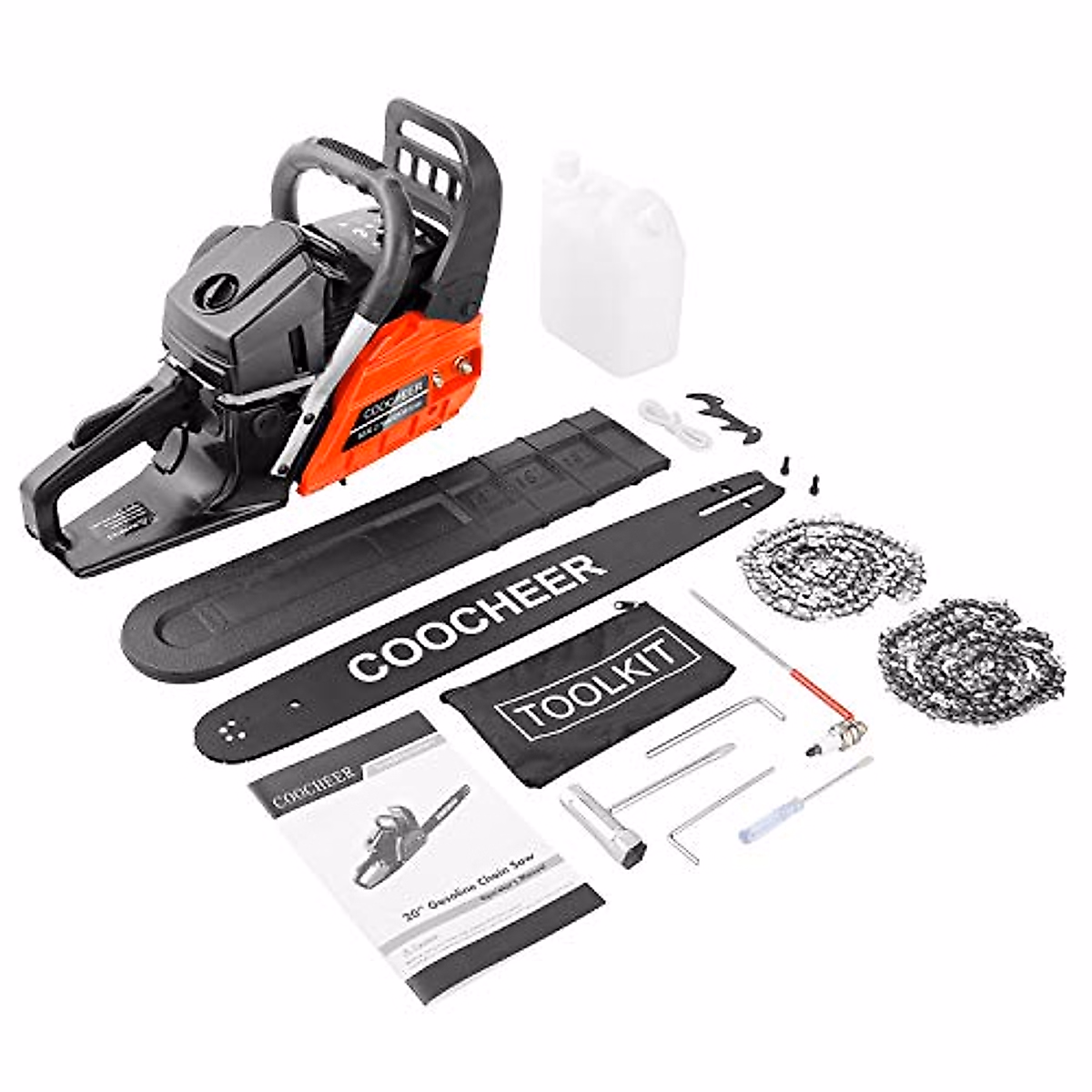 COOCHEER 62CC Gas Chainsaw, 20" 2-Stroke Portable Gasoline Chainsaw with Carrying Bag & 2 Chains Tool Kit, Petrol Wood Cutting Saw for Tree Stumps and Firewood Cutting(Upgraded Version)