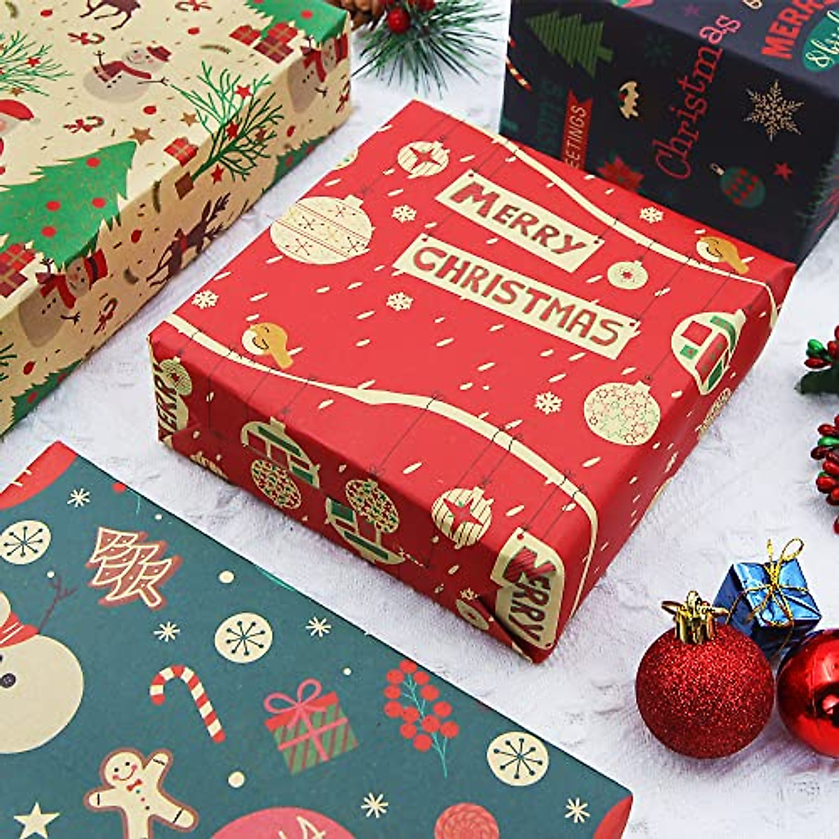 Christmas Wrapping Paper, Gift Wrapping Papers, 20 x 28 inches per sheet, Santa Snowmen Deer Bell Tree Kraft Wrapping Paper for Family Friends Kids lovers on Christmas or Birthday(4 Designs 12 sheets)