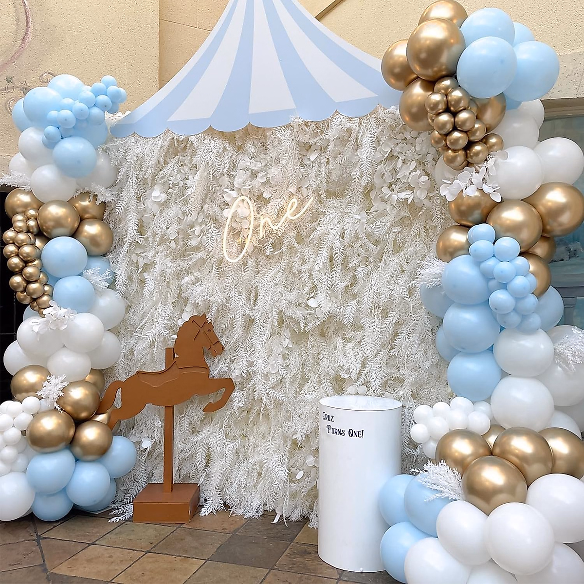 Beliueyes OH Baby Balloon Garland Arch Kit 135pcs Gold White Light Blue Balloons for Bridal Shower Baby Shower Birthday Wedding Baptism Engagement Theme Party Decorations