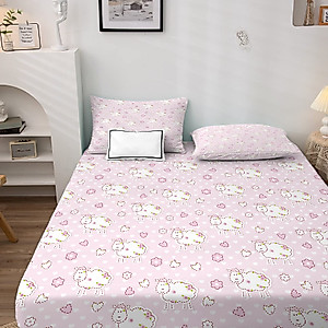 Sheep Sheets Full Size, Pink Heart Bed Sheets, Patterned Bedding Sheets & Pillowcases 4 Piece Set - Soft Microfiber Deep Pocket Fitted Sheet & Flat Sheet & 2 Pillow Cases H3-&-184