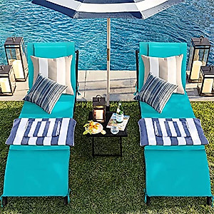 GUNJI Lounge Chairs for Outside 3 Pieces Patio Adjustable Chaise Lounge Outdoor Wicker Lounge Chairs Set of 2 with Table Folding Chaise Lounger for Poolside, Deck, Lawn (Blue)