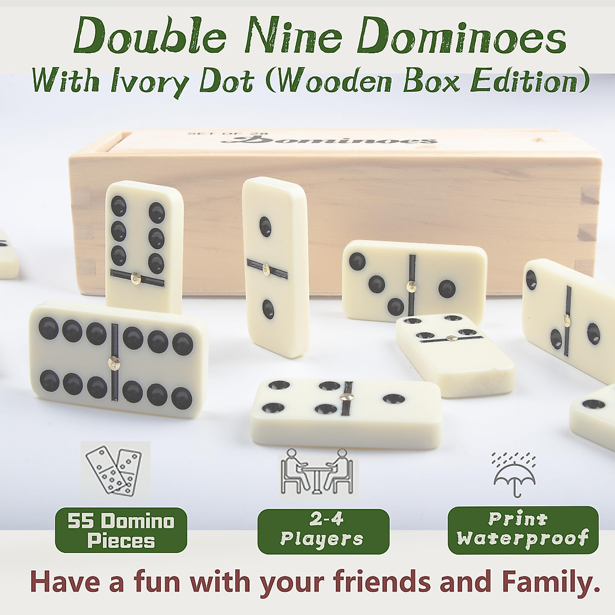 Domino Set for Adults, Double Nine Dominoes Set with Wooden Case for Classical Board Games, for Family and Kids,55 Tiles (2-4 Players)
