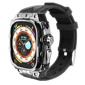 Luxury Translucent Smartwatch Case for Apple Watch Ultra 1/2 49mm, Fully Wrapped Lightweight Rugged case with Band, Silicon Strap, Stainless Steel Buttons, Protective Cover for Men/Women (Black)