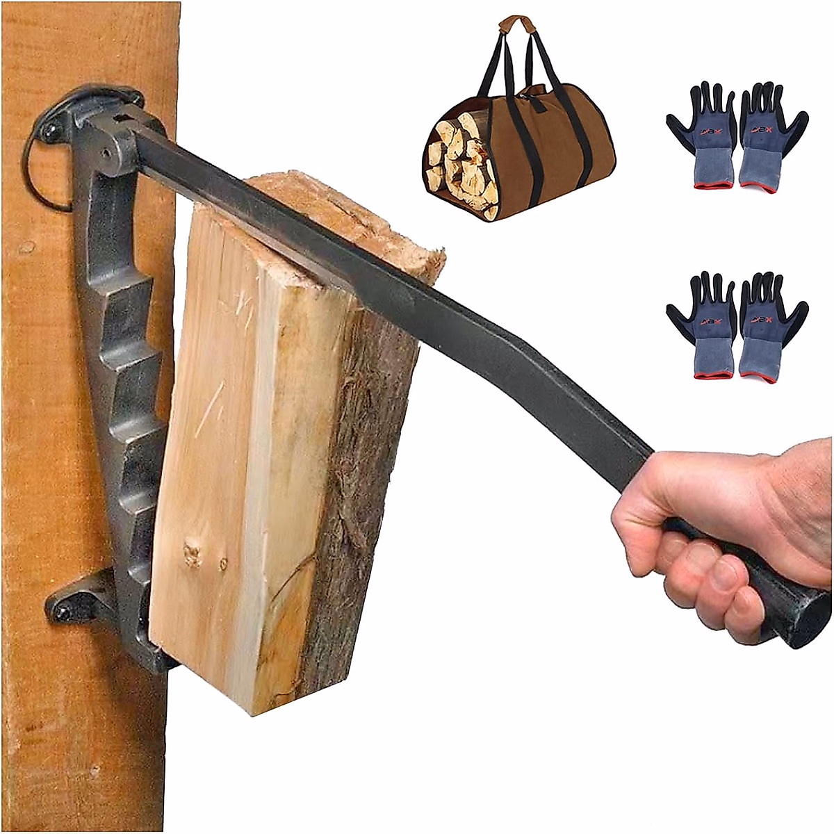 ABX Kindling Splitter, Log Splitter, Wood Splitter Cutter Heavy Duty, Wall Mounted Carbon Steel Firewood Splitter, with Firewood Storage Bag*1, Storage Loop*1, Gloves*2