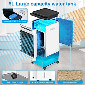 Portable Air Conditioner, 4-IN-1 Evaporative Air Cooler, with 4 Modes 3 Speeds, 1-7H Timer and Negative Ion Function, Portable Air Cooler with 1.35 Gallon Water Tank & 90°Oscillation, Remote Control for Home and Office [Energy Class A++]